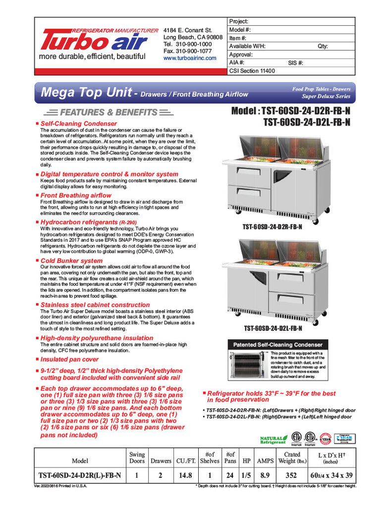 Turbo Air TST-60SD-24-D2R(L)-FB-N 60" Mega Top Sandwich Prep Table w/