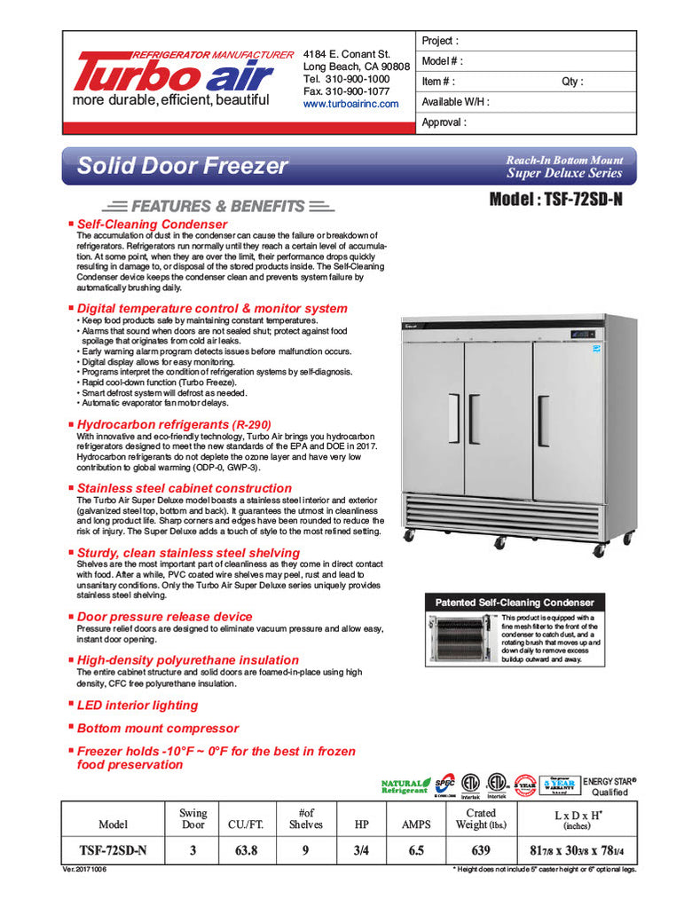 Turbo Air TSF-72SD-N Super Deluxe 82" Solid Door Reach-In Freezer with LED Lighting | Donut ...