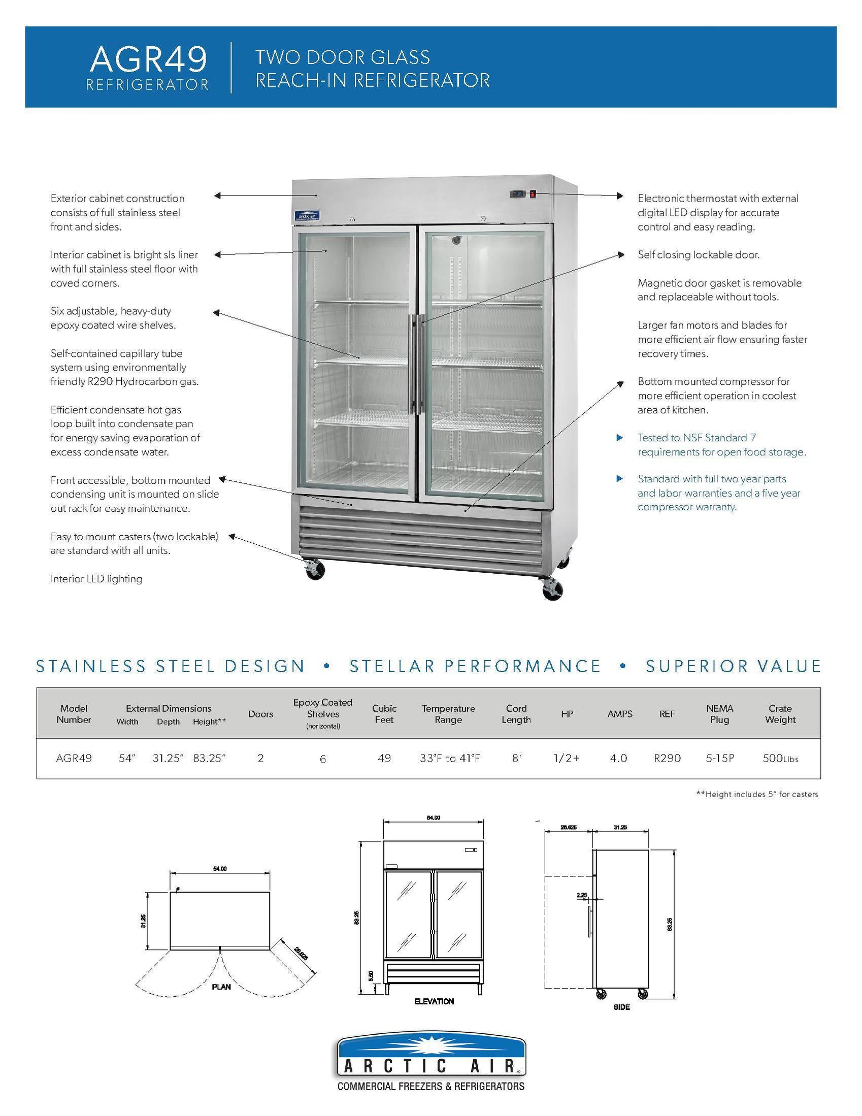 Arctic Air AGR49 54" Two Section Glass Door Reach-In Refrigerator