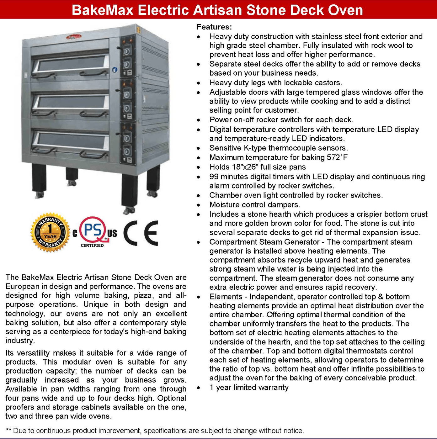 BakeMax Electric Artisan Stone Deck Ovens 4 Pan Wide, 1 to 4 decks | Donut-Equipment.com